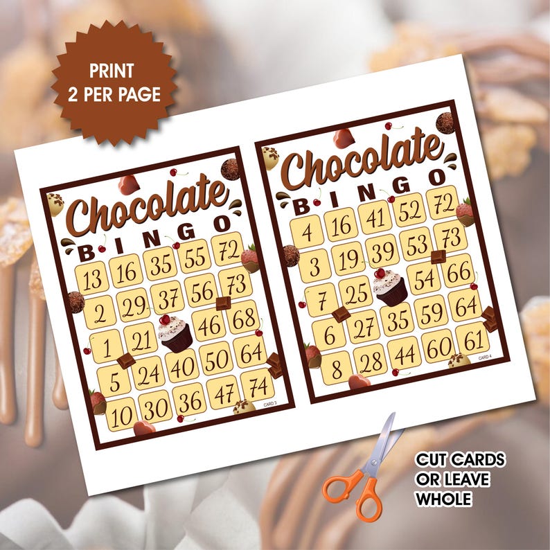 100 Chocolate Bingo Cards, 1 or 2 per Page, Chocolate Theme Party ...