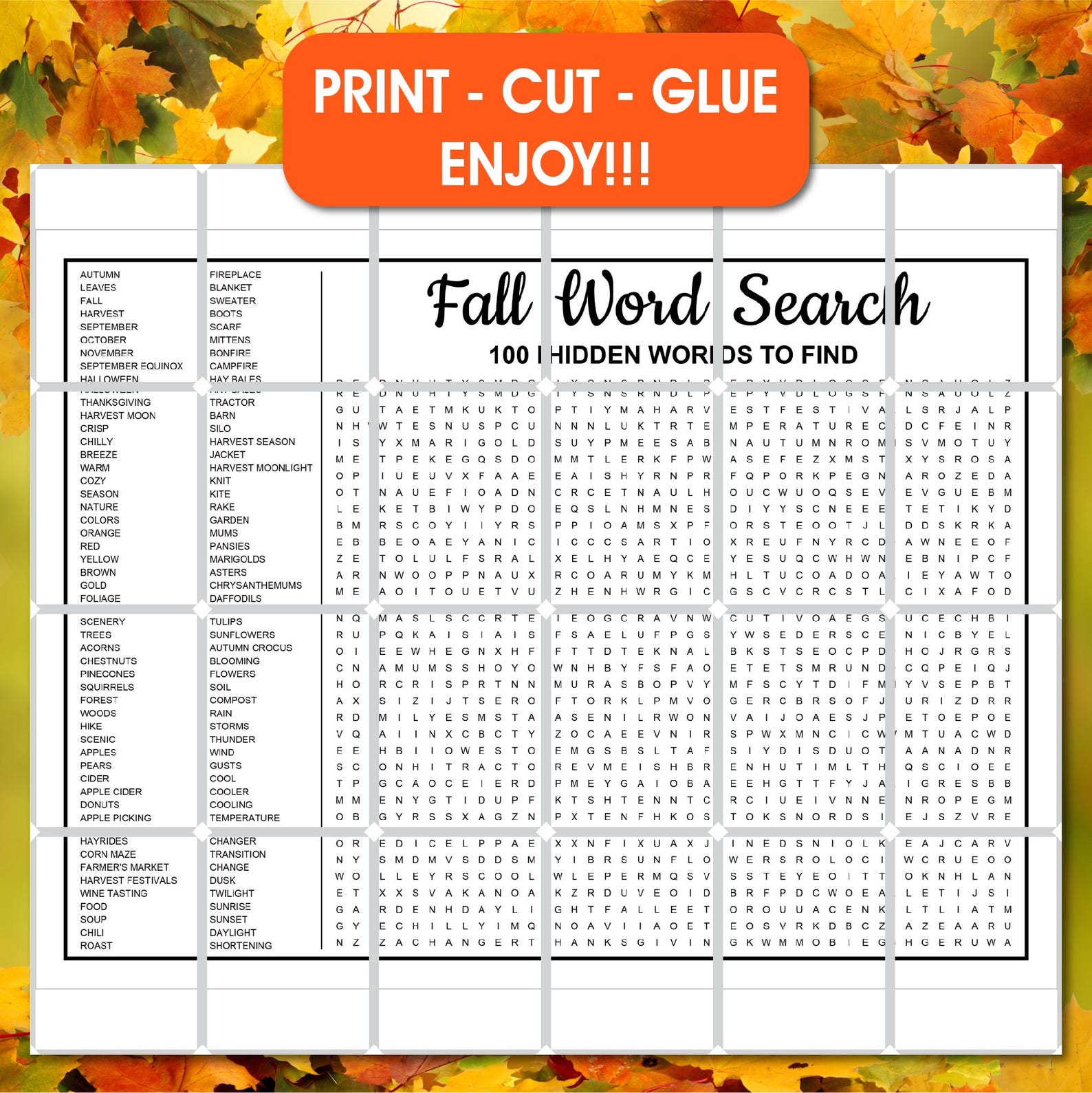 Giant Fall Word Search, Autumn Fun Game, Printable Fall Word Search ...