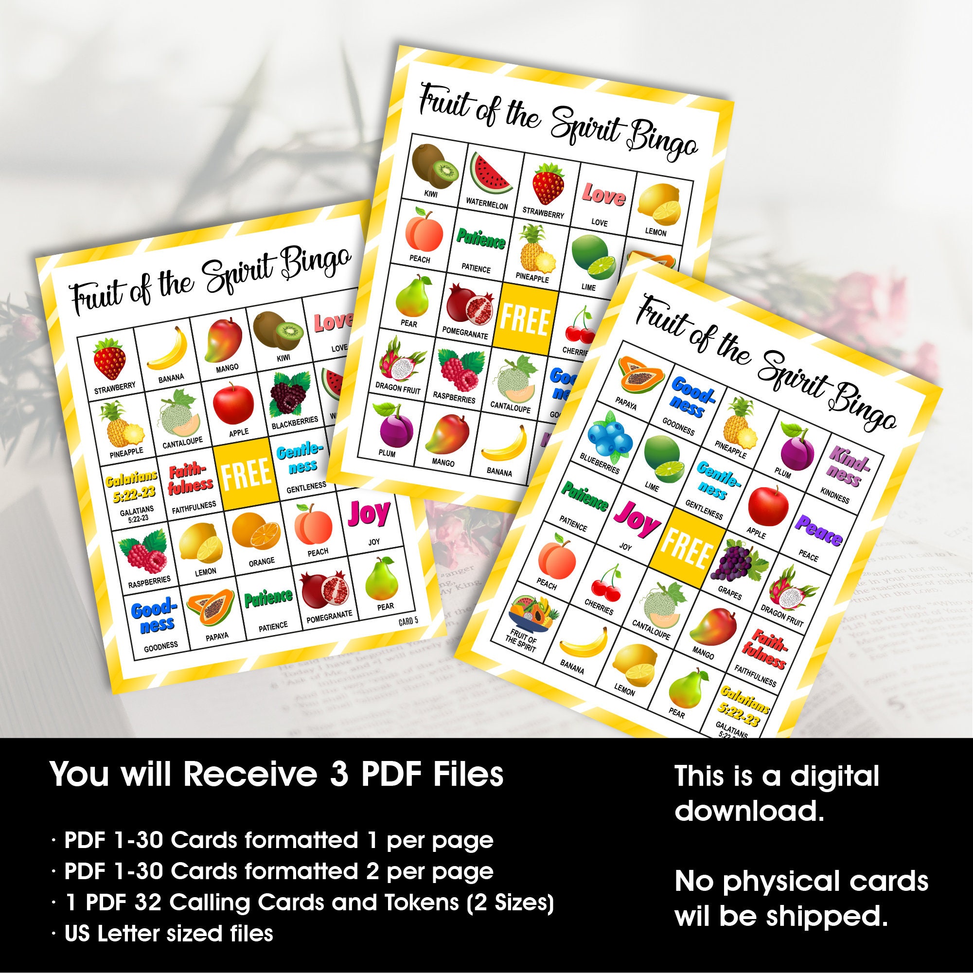30 Fruit of the Spirit Bingo Cards, 1 or 2 per Page, Bible Game, Fruit ...