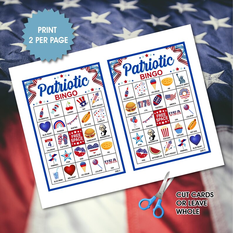 40 Patriotic Bingo Cards, 1 or 2 per Page, Fun Party Game, 4th of July ...