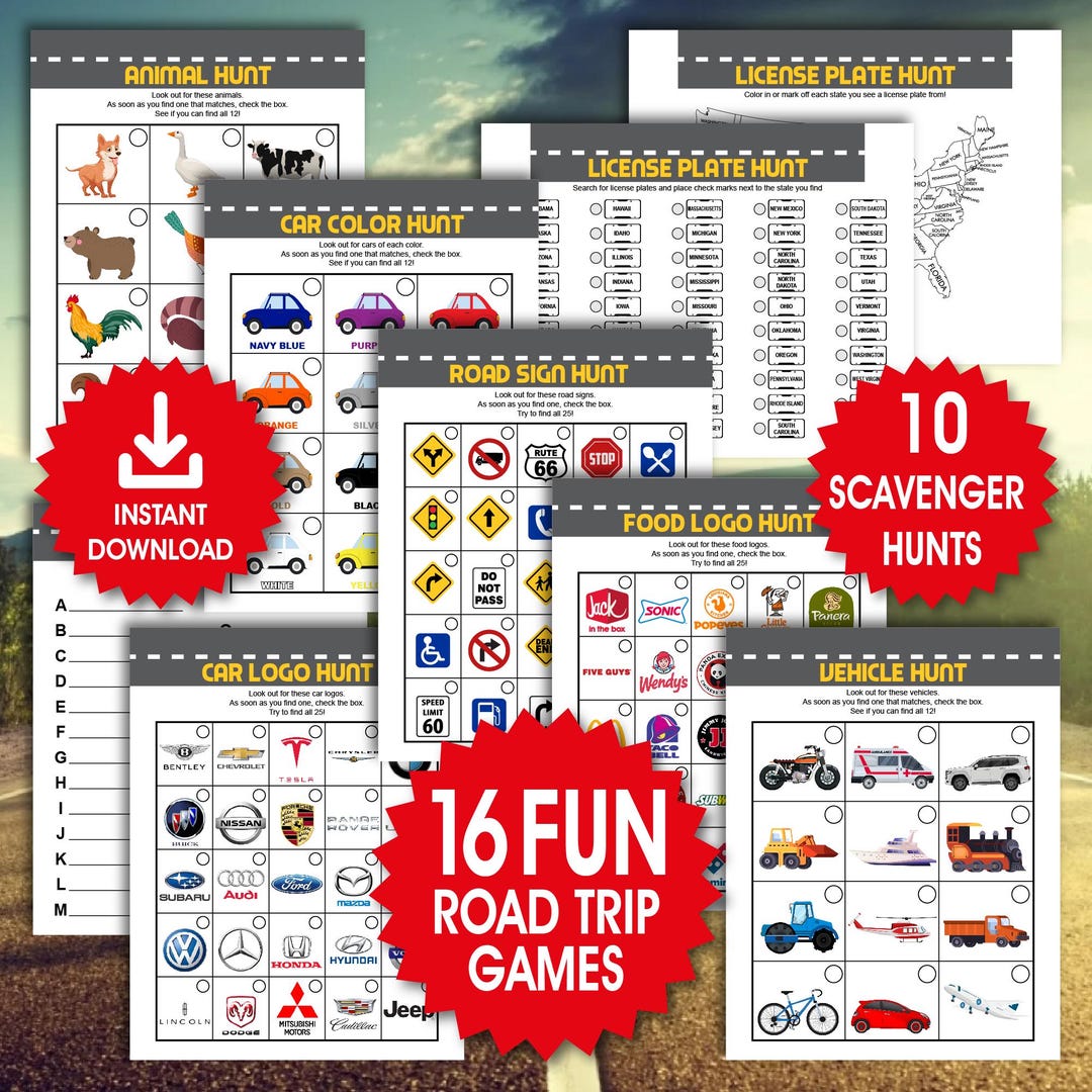 16 Road Trip Printable Games Bundle, 10 Road Trip Scavenger Hunts ...