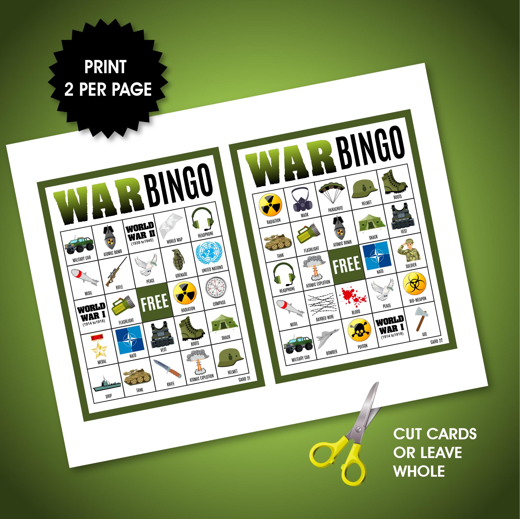 40 War Bingo Cards, 1 or 2 per Page, Memorial Day Bingo, Veteran's Day ...