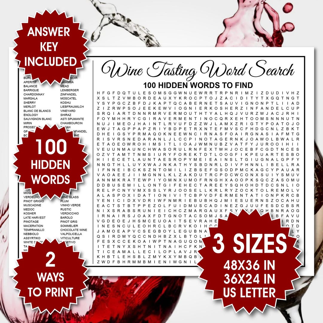 Wine Tasting Word Search, Giant Party Game (PDF, Answer Key Included - Etsy