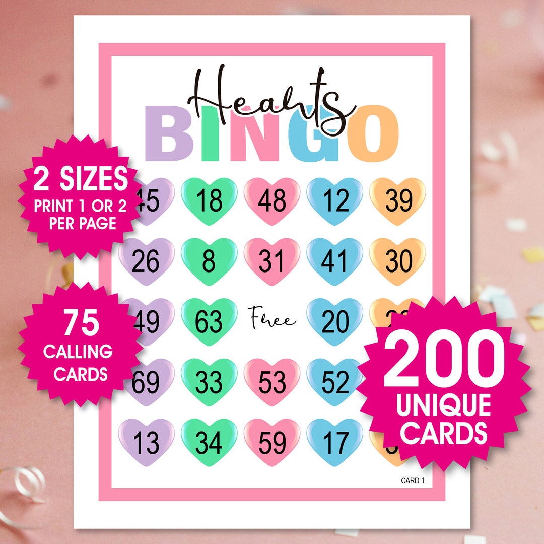 200 Hearts Bingo Cards, 1 or 2 per Page, Fun Party Game, Valentine's ...