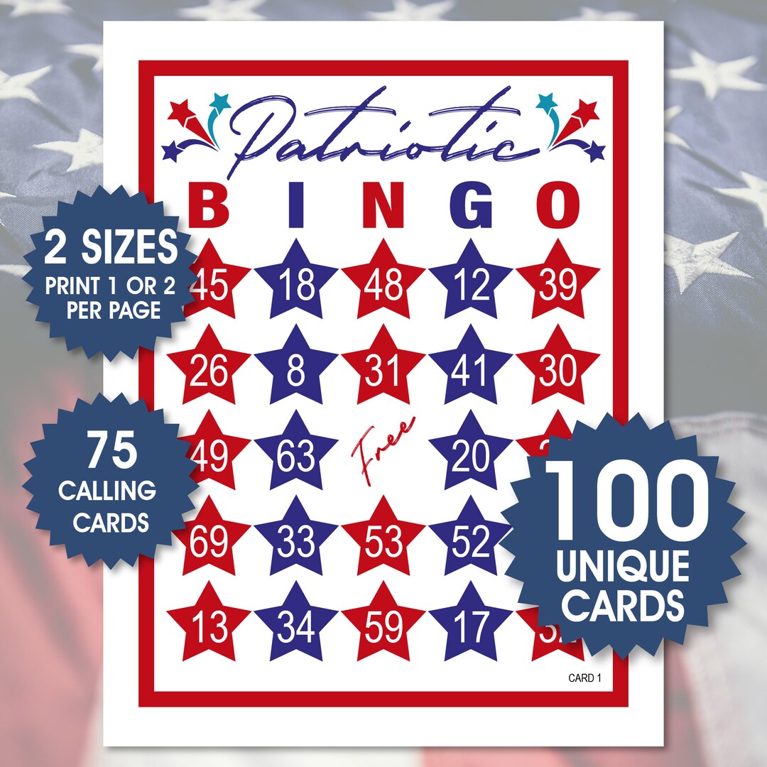 Patriotic Bingo Game, 100 Unique Cards, July 4th Activity (PDF Files ...