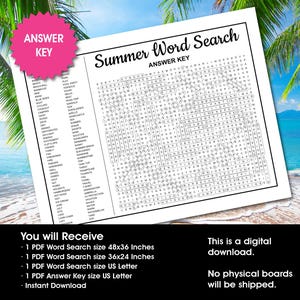 Giant Summer Word Search, Summer Fun Game, Printable Summer Word Search ...