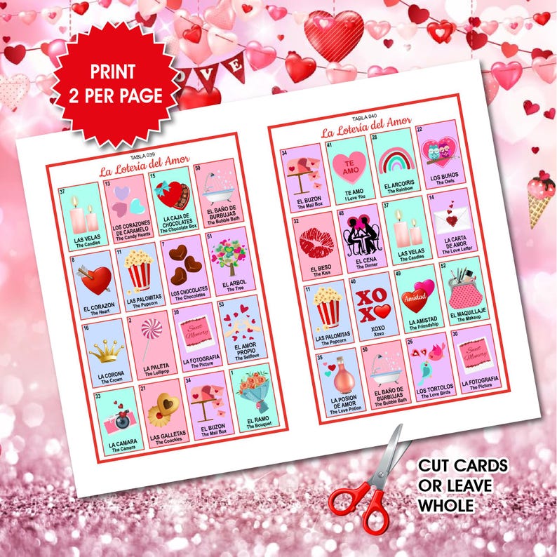 100 Valentine's Lottery Cards, Loteria Del Amor, Bilingual Galentine's ...