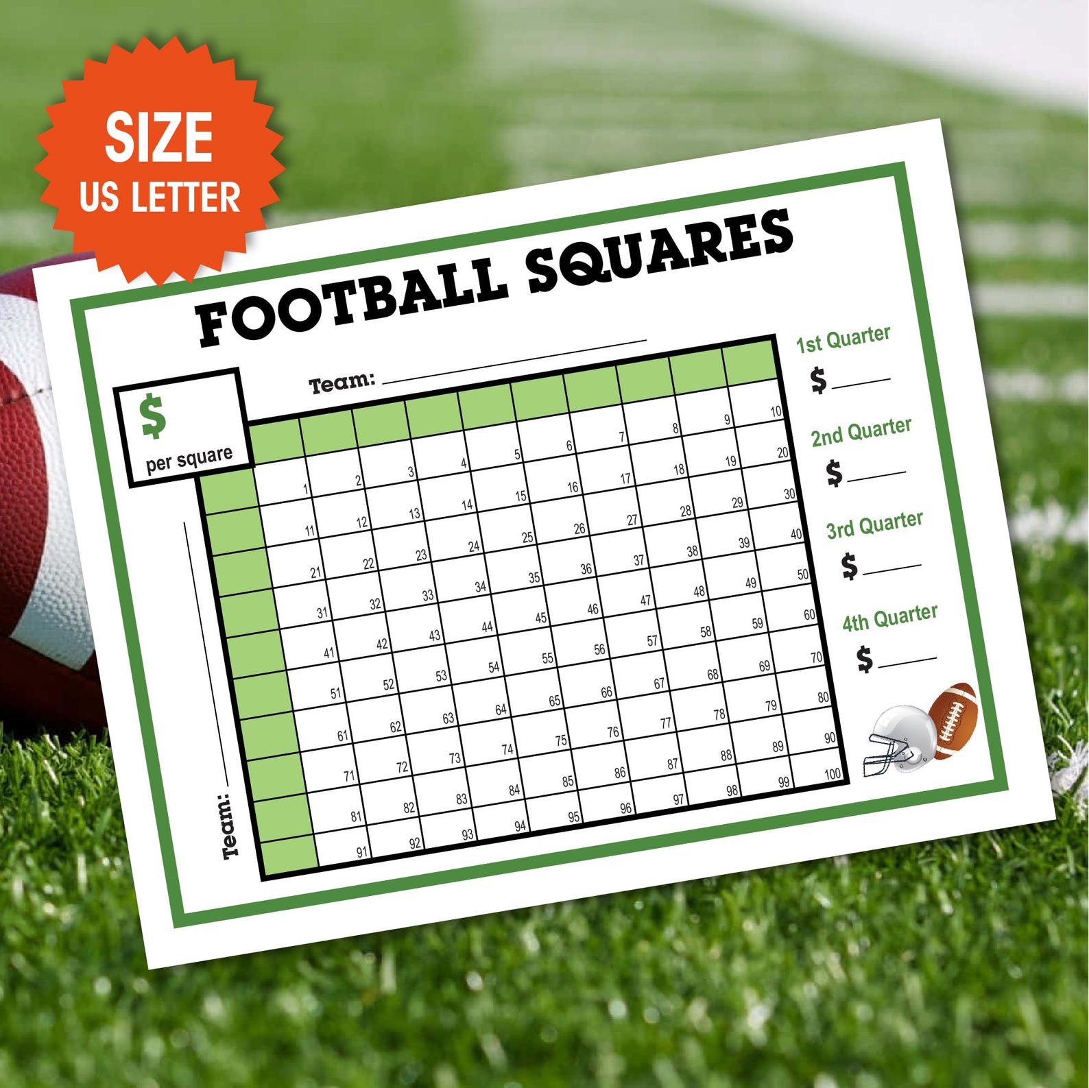 Football Squares Board, 100 Numbered Squares, Fun Family Activity ...