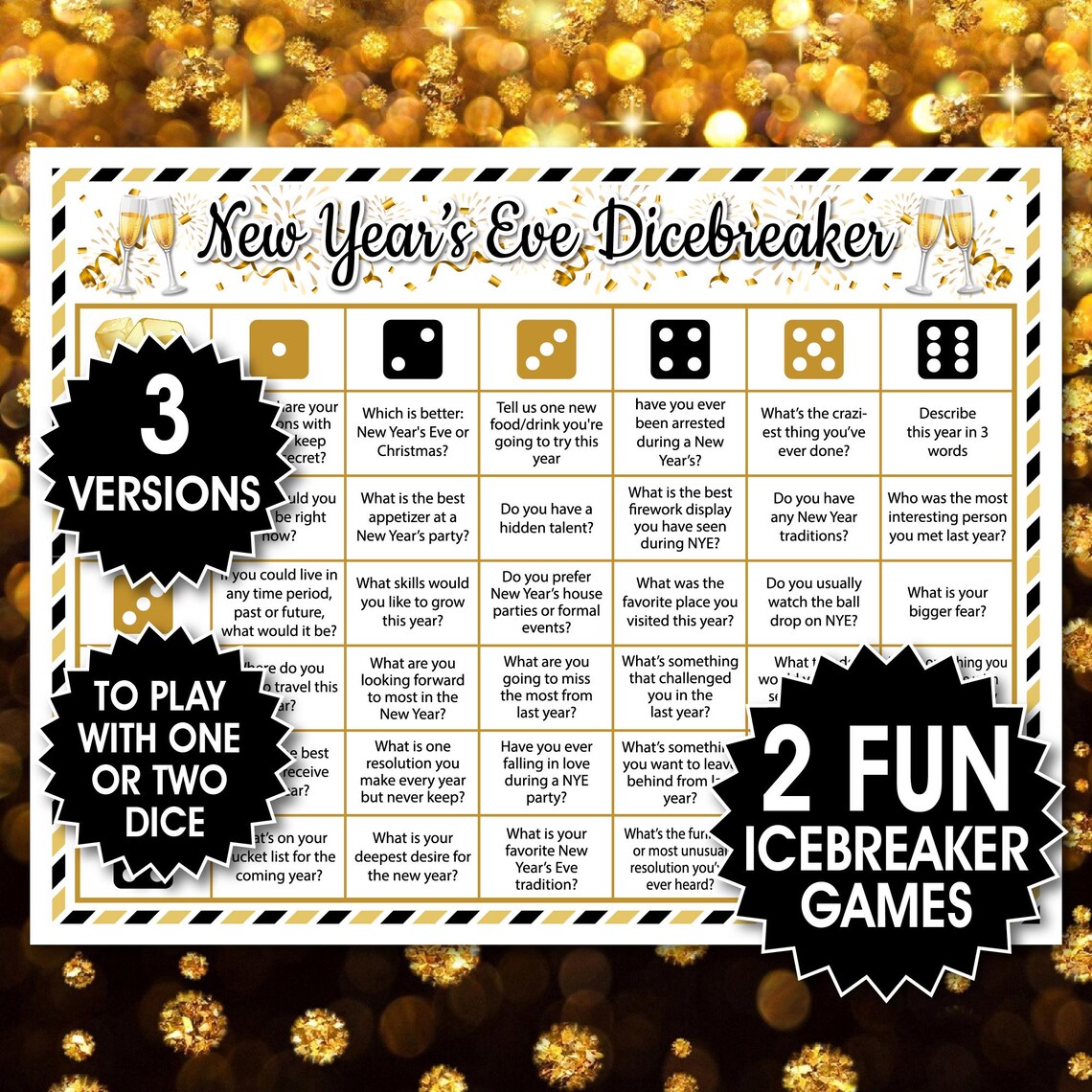 New Year's Eve Icebreaker Dice Game, Party Conversation Starters (PDF ...