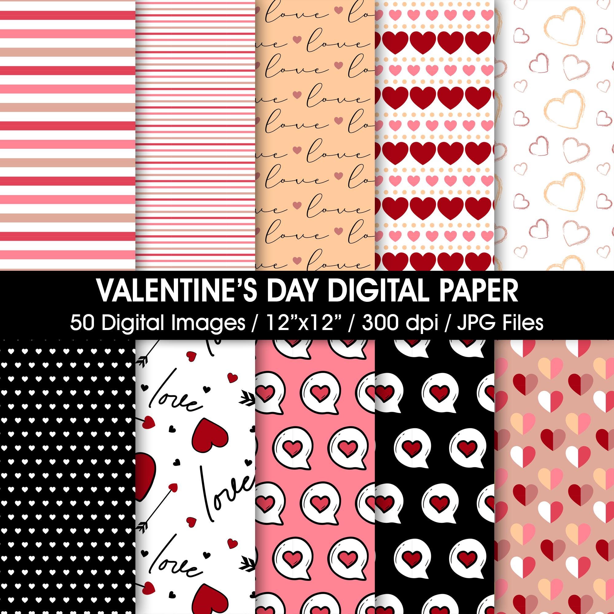 50 Valentine's Day Seamless Pattern Digital Paper, Romantic Boho Pink ...