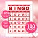 100 Romantic Bingo Cards, 1, 2, or 4 per Page, Party Game, Valentine's ...