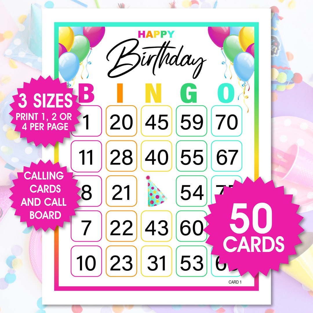 50 Happy Birthday Bingo Cards, 1,2 or 4 per Page, Fun Party Game ...