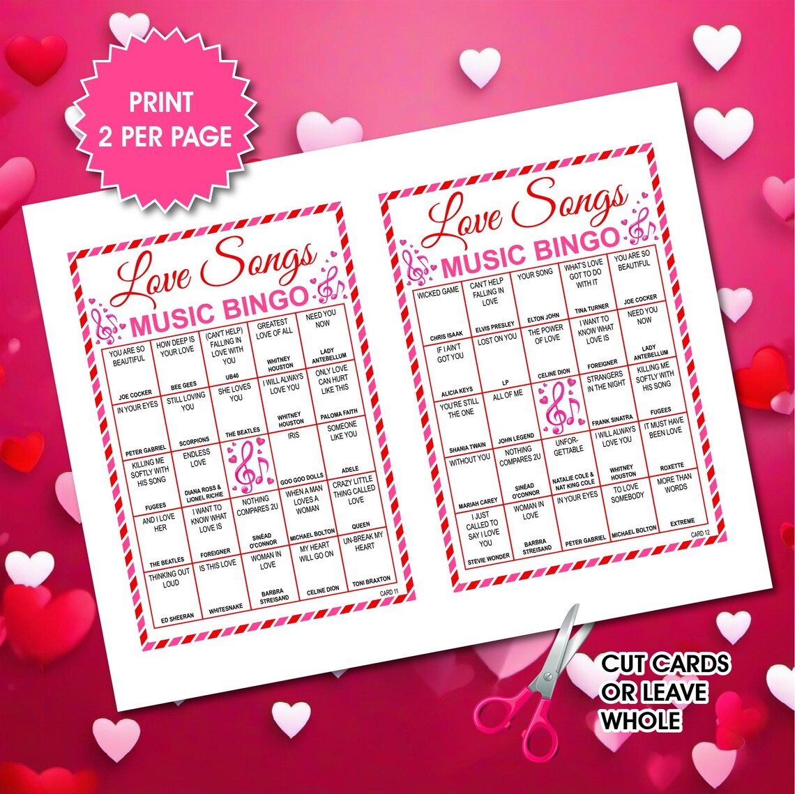 Love Songs Music Bingo, 50 Printable Love Pop Music Bingo Cards ...