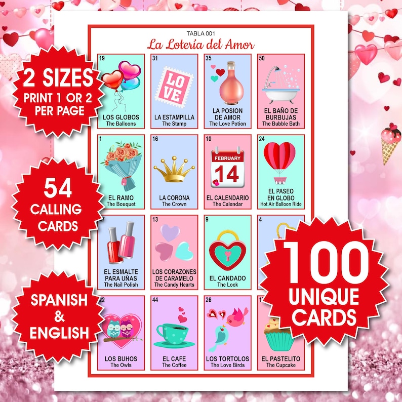 100 Valentine's Lottery Cards, Loteria Del Amor, Bilingual Galentine's ...