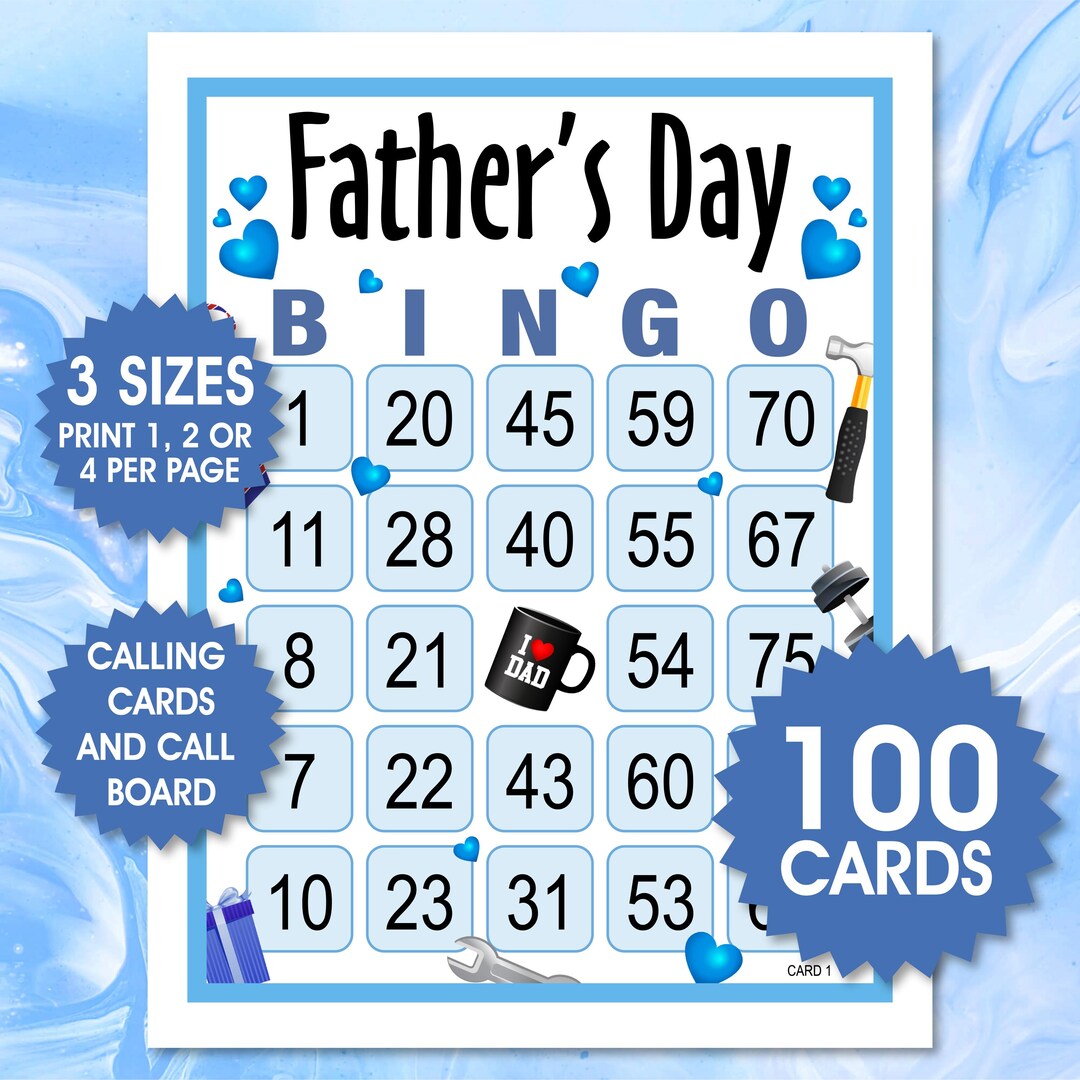 100 Father's Day Bingo Cards, 1,2 or 4 per Page, Fun Party Game, Father ...