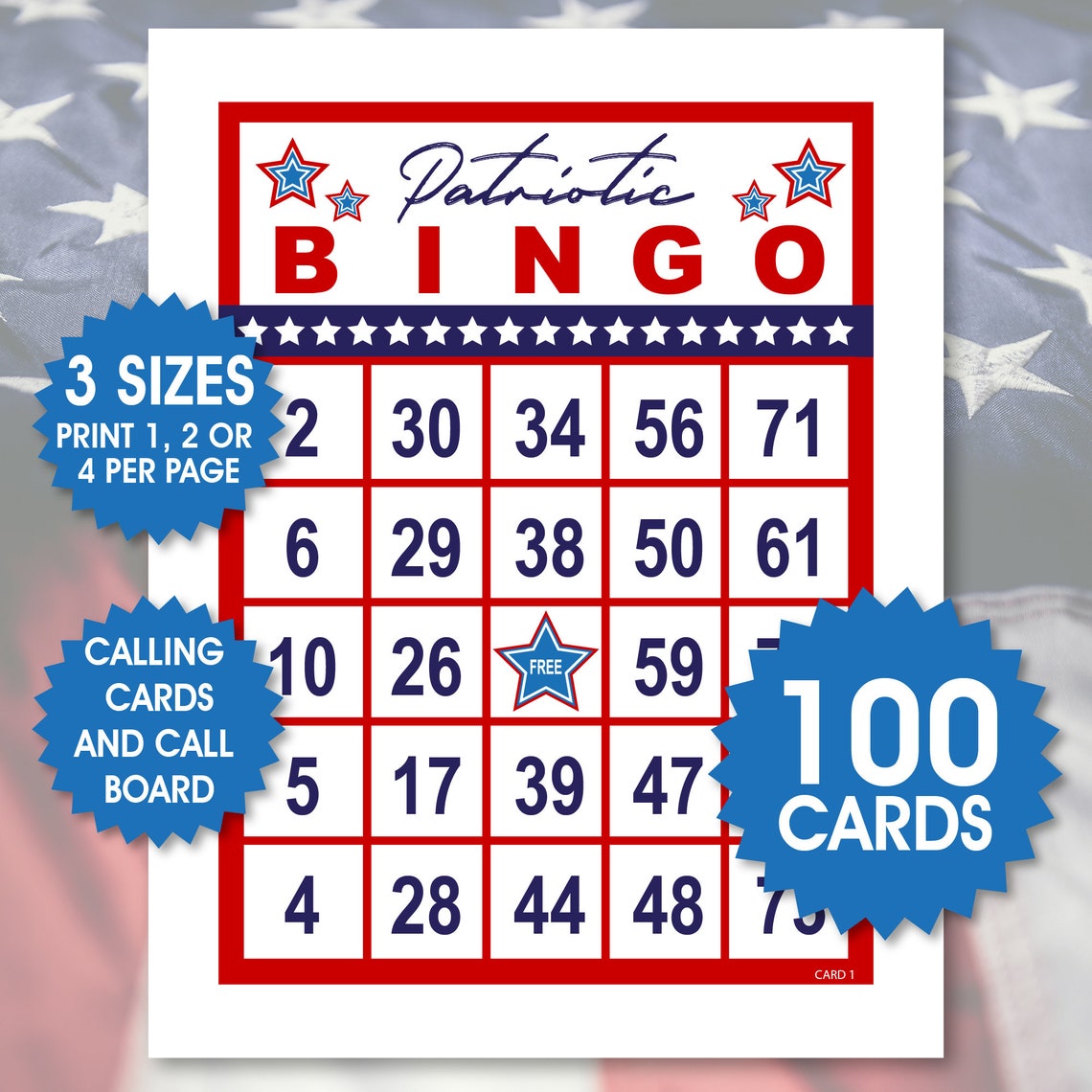 Patriotic Bingo Game, 100 Cards, July 4th Party (PDF Download) - Etsy