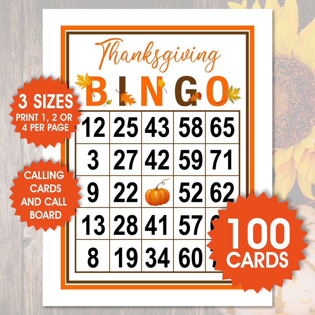 100 Thanksgiving Bingo Cards, 1, 2, or 4 per Page, Thanksgiving Game ...