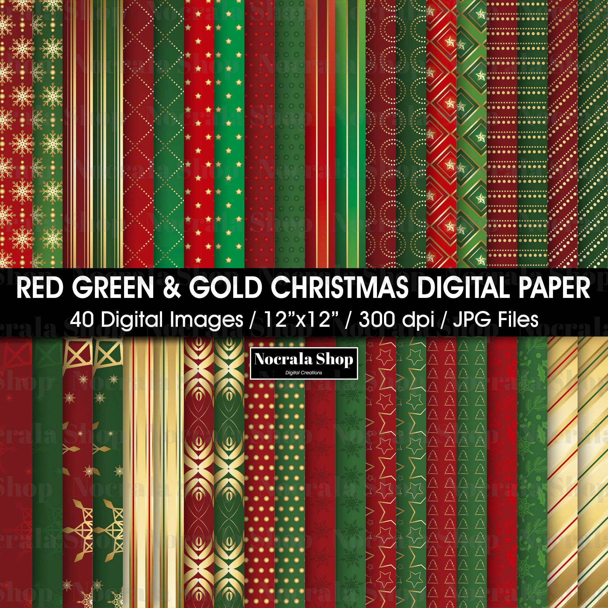 Red, Green and Gold Christmas Digital Paper, Christmas Scrapbook Papers ...
