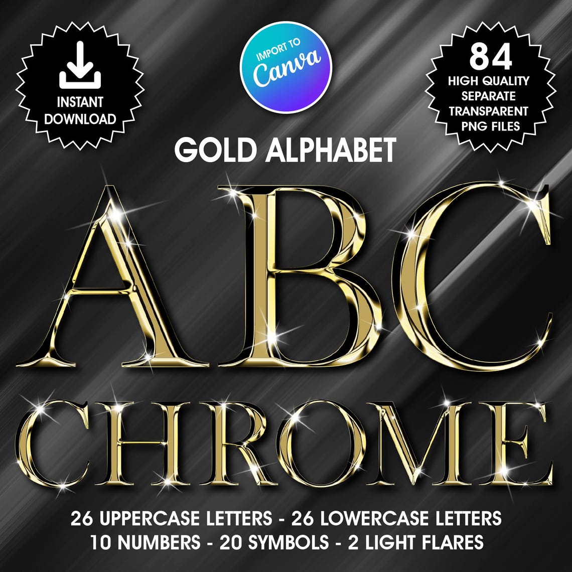 Gold Chrome Alphabet Clipart, High Shine PNG Letters (digital Download ...