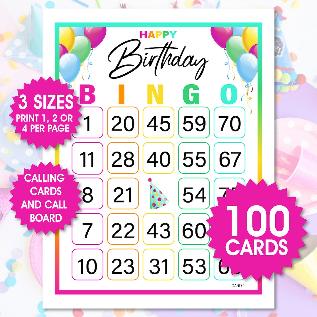 100 Happy Birthday Bingo Cards, 1,2 or 4 per Page, Fun Party Game ...