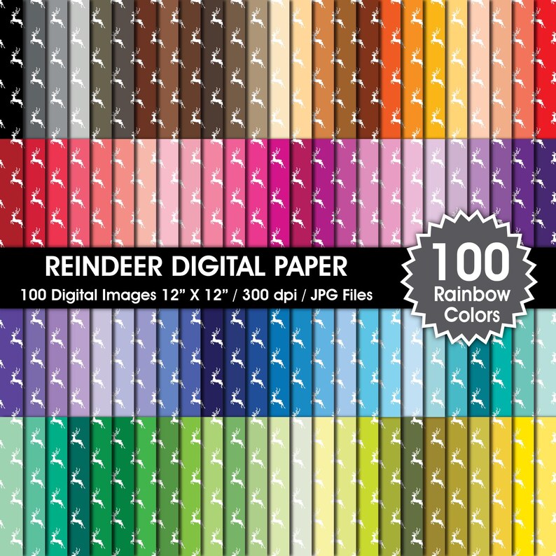100 Reindeer Digital Paper, Rainbow Colors Backgrounds, Bundle Sheets ...
