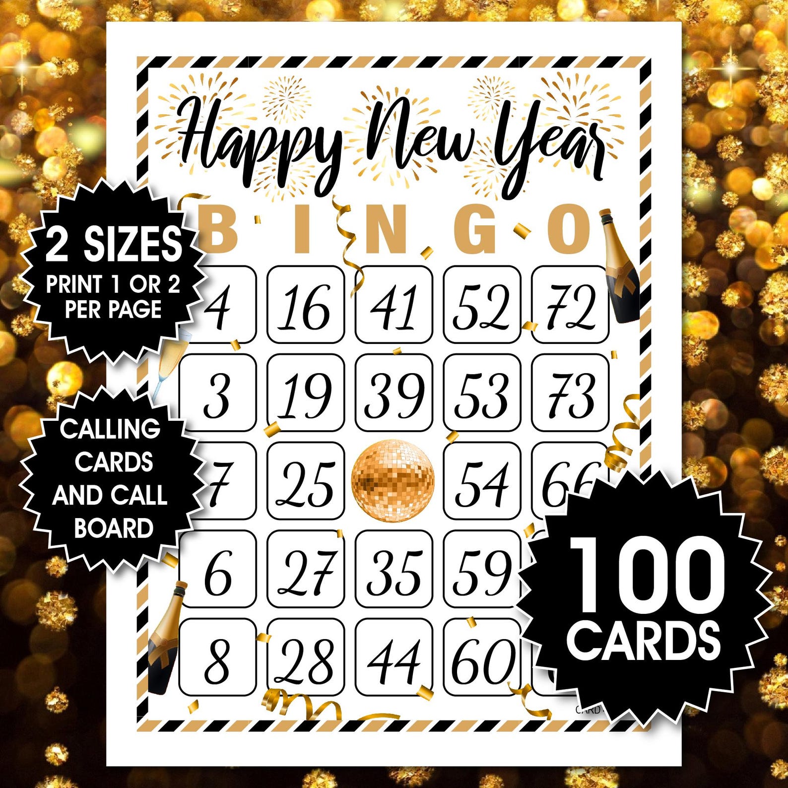 100 Happy New Year Bingo Cards, 1 or 2 per Page, Happy New Year Game ...