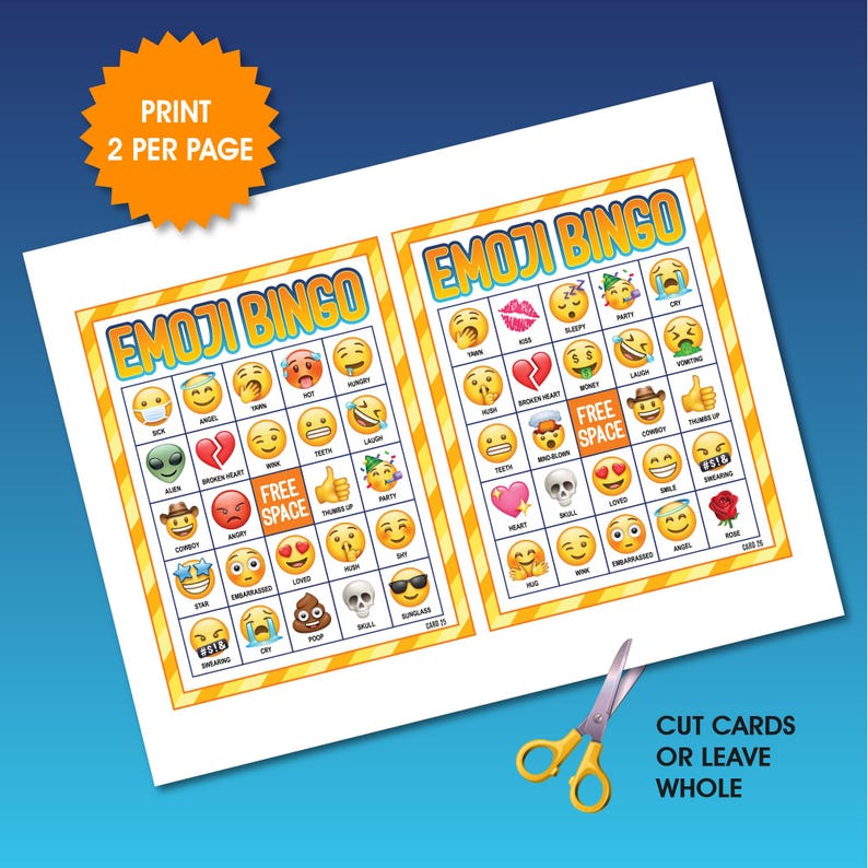 40 Emoji Bingo Cards, 1 or 2 per Page, Fun Party Game, Birthday ...