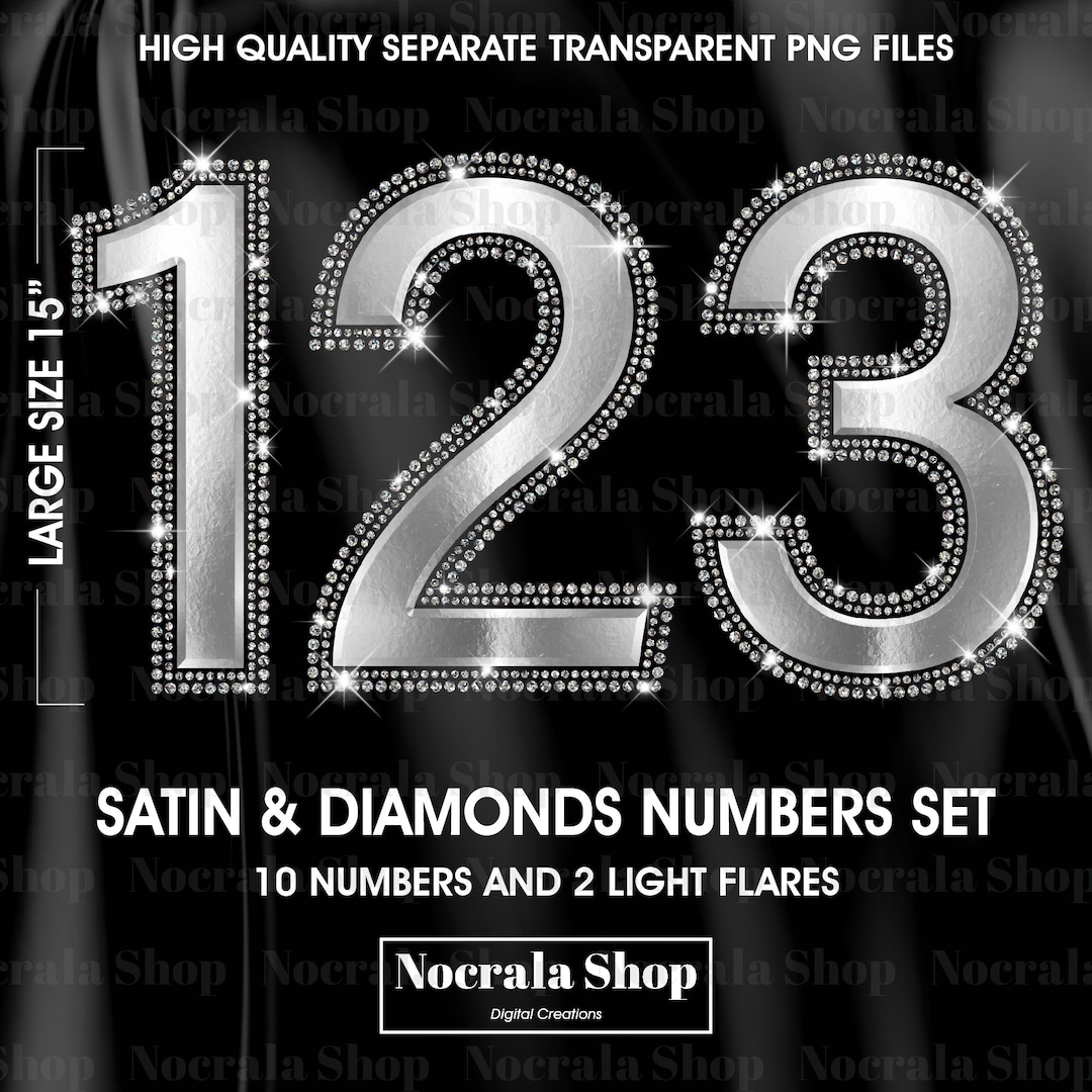 Silver Satin and Diamond Numbers Clipart, PNG Digital Clip Art, Silver ...