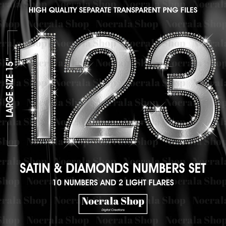 Silver Satin and Diamond Numbers Clipart, PNG Digital Clip Art, Silver ...