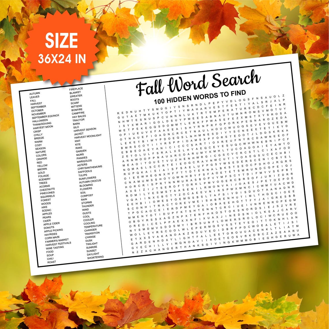 Giant Fall Word Search, Autumn Fun Game, Printable Fall Word Search ...