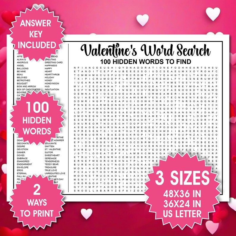 Valentine's Day Word Search Game - 100 Hidden Words - Printable ...