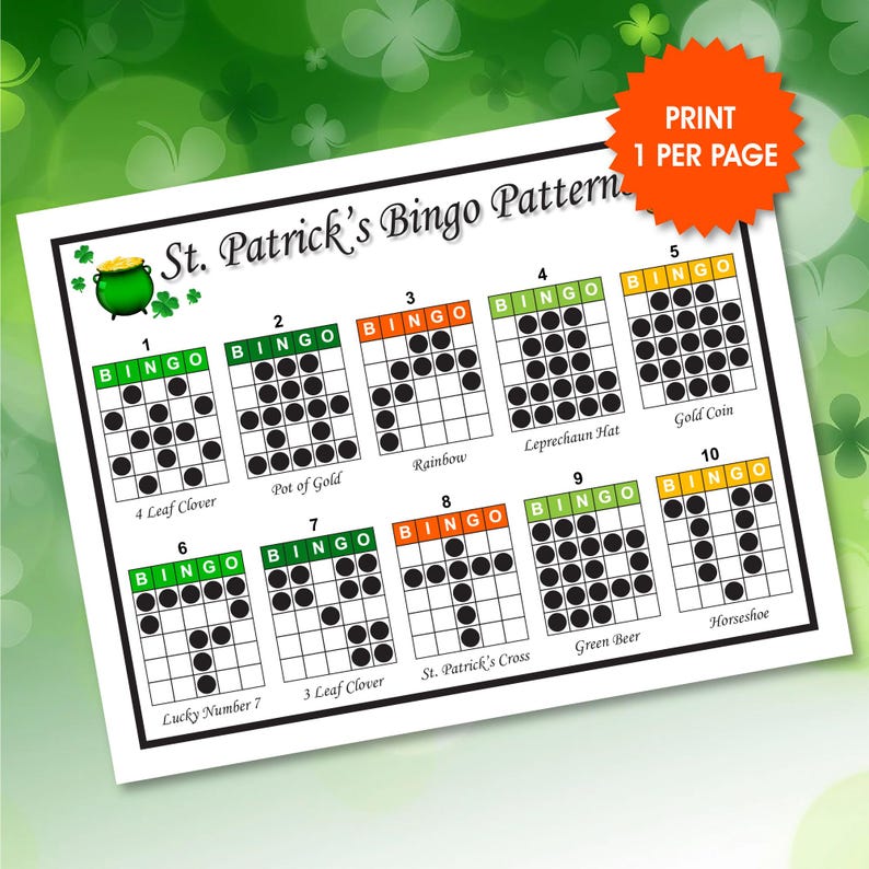 10 St. Patrick's Bingo Patterns, Printable Bingo Game, Bingo Tournament ...