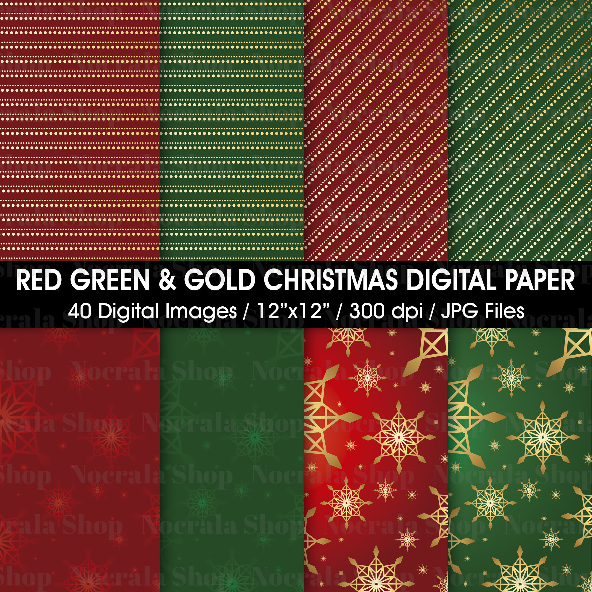 Red, Green and Gold Christmas Digital Paper, Christmas Scrapbook Papers ...