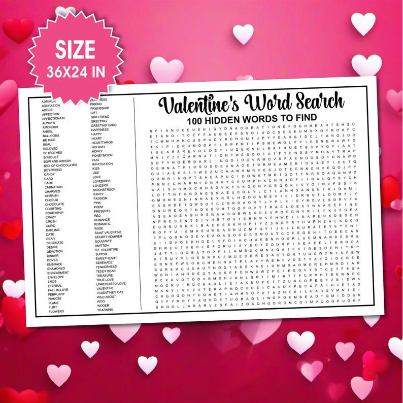 Valentine's Day Word Search Game - 100 Hidden Words - Printable ...