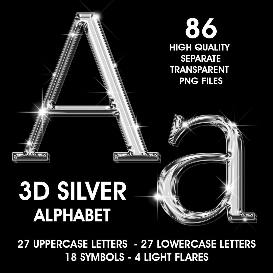 3D Silver Chrome Alphabet Clipart, High Shine Letters (PNG Digital ...
