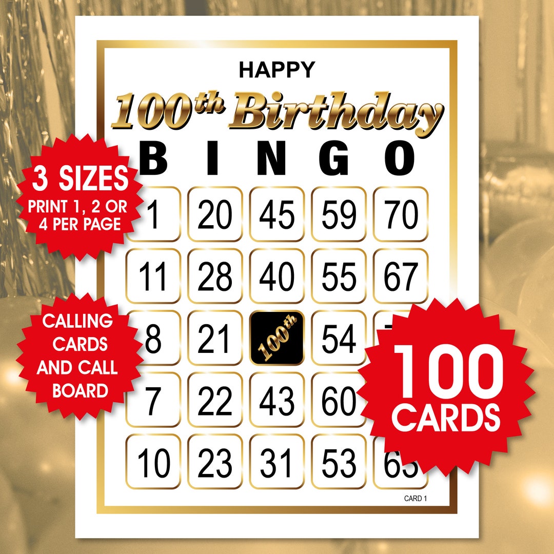 100 Happy 100th Birthday Bingo Cards, 1,2 or 4 per Page, Fun Party Game ...