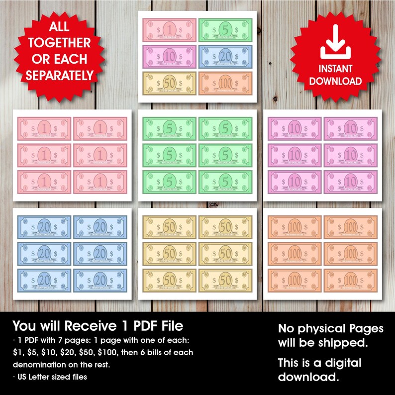 Play Money Printable, Kids Learning Bills, Classroom Activity (PDF ...