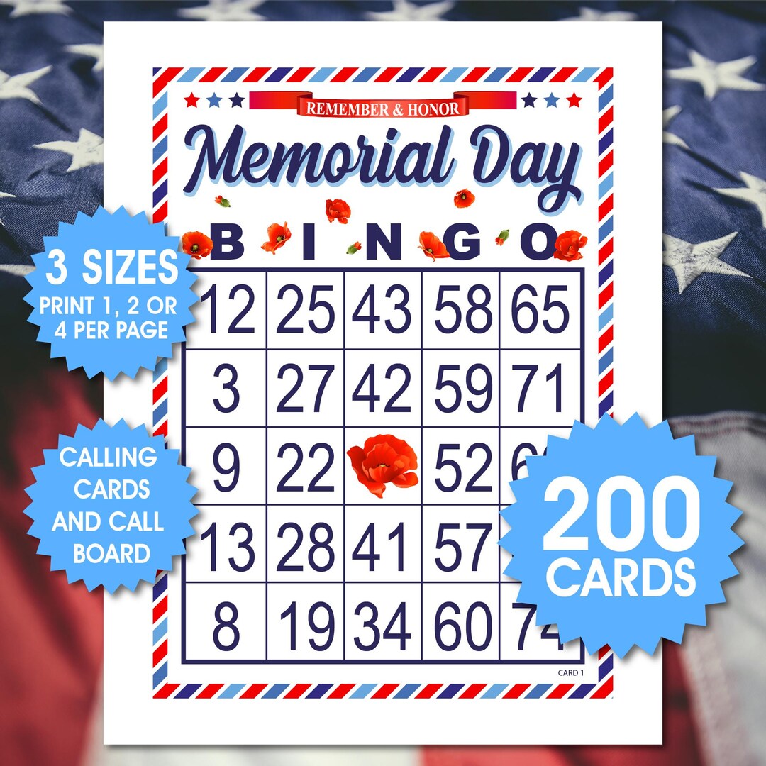 200 Memorial Day Bingo Cards, 1, 2, or 4 per Page, Memorial Day Game ...