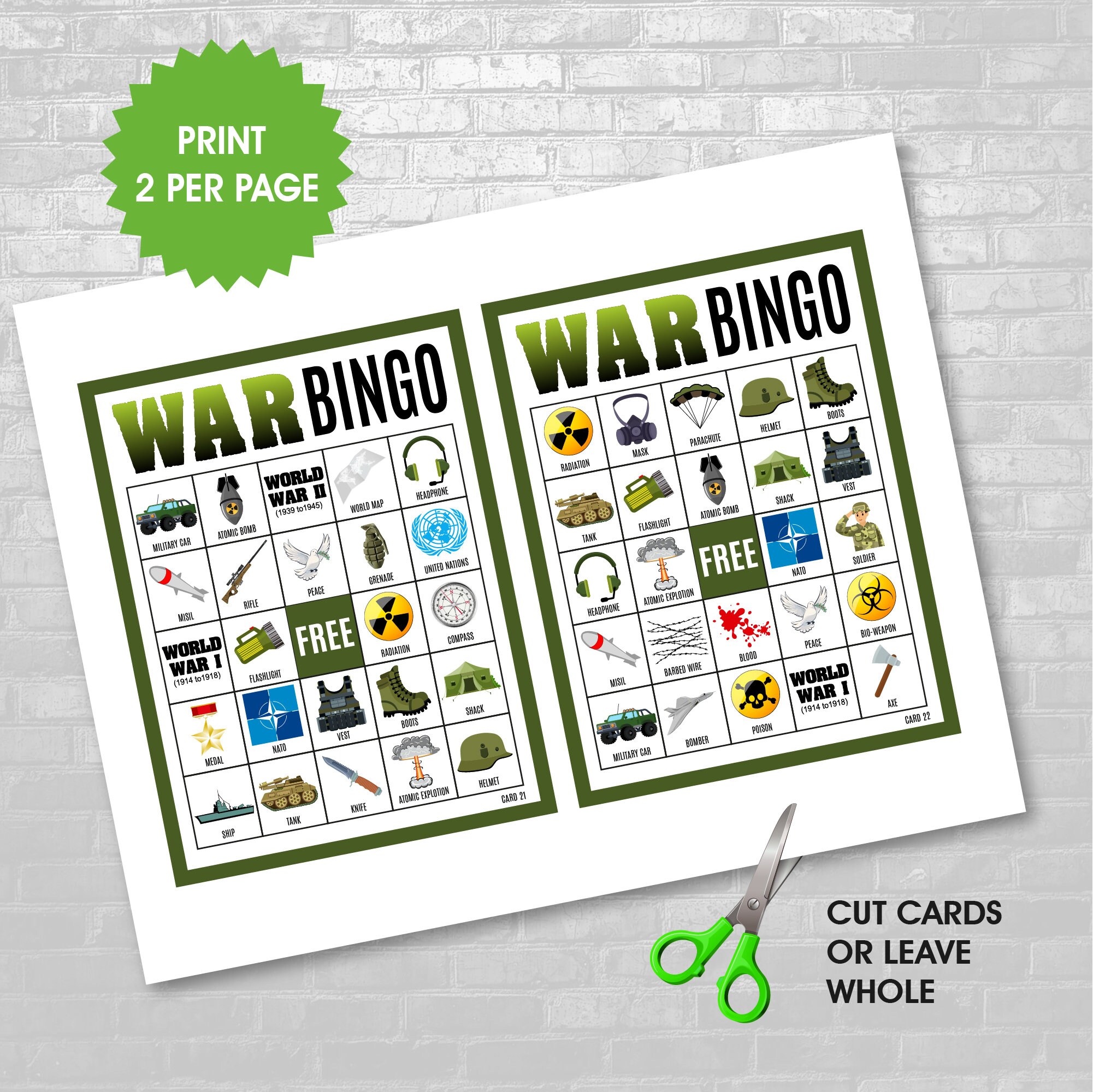 40 War Bingo Cards, 1 or 2 per Page, Memorial Day Bingo, Veteran's Day ...