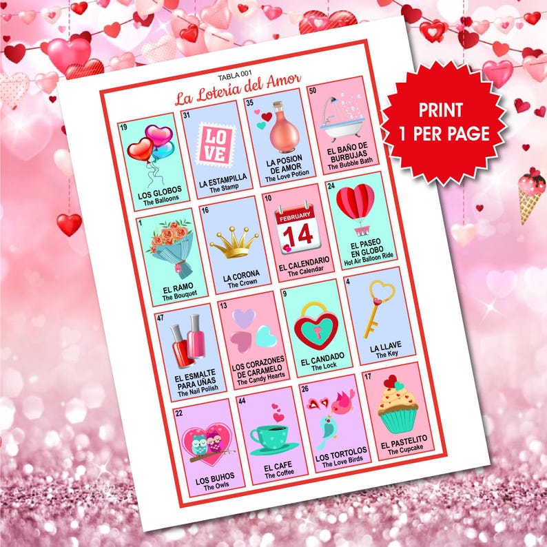 100 Valentine's Lottery Cards, Loteria Del Amor, Bilingual Galentine's ...