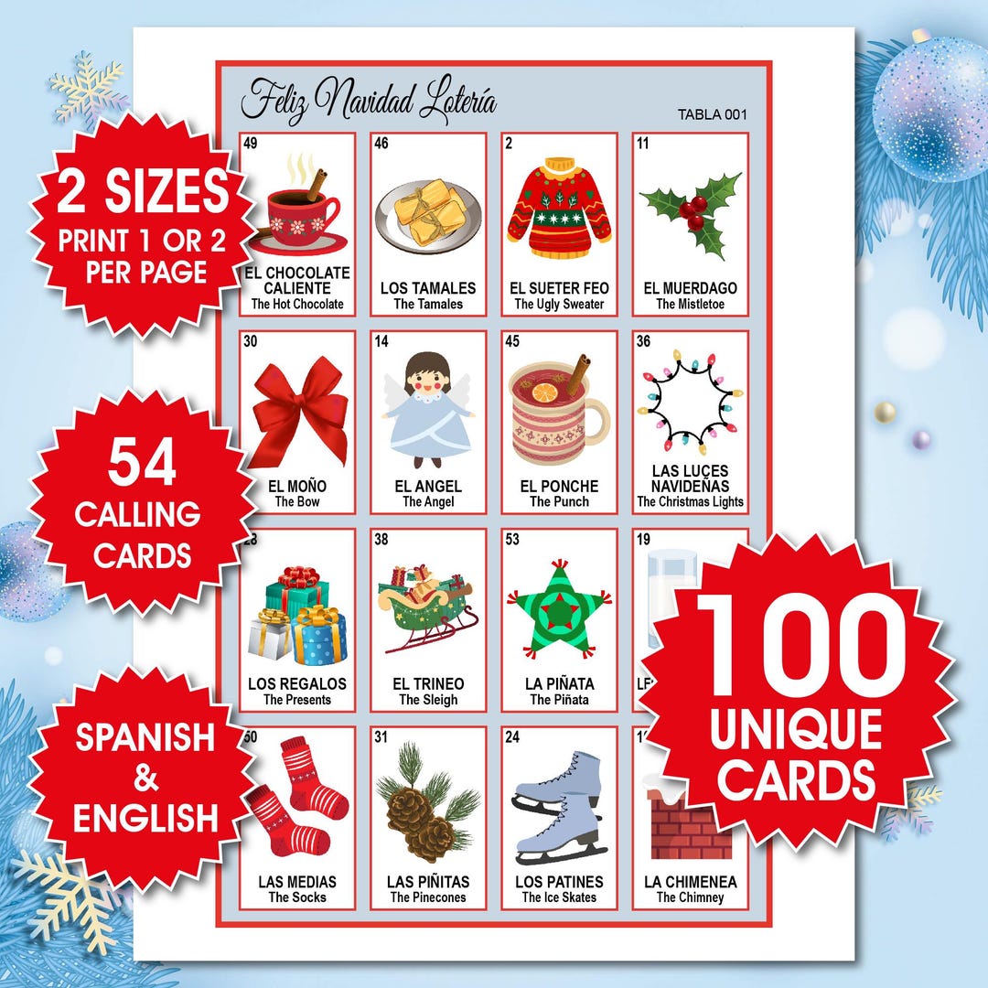 100 Christmas Lottery Cards, Loteria De Navidad, Bilingual Holiday ...