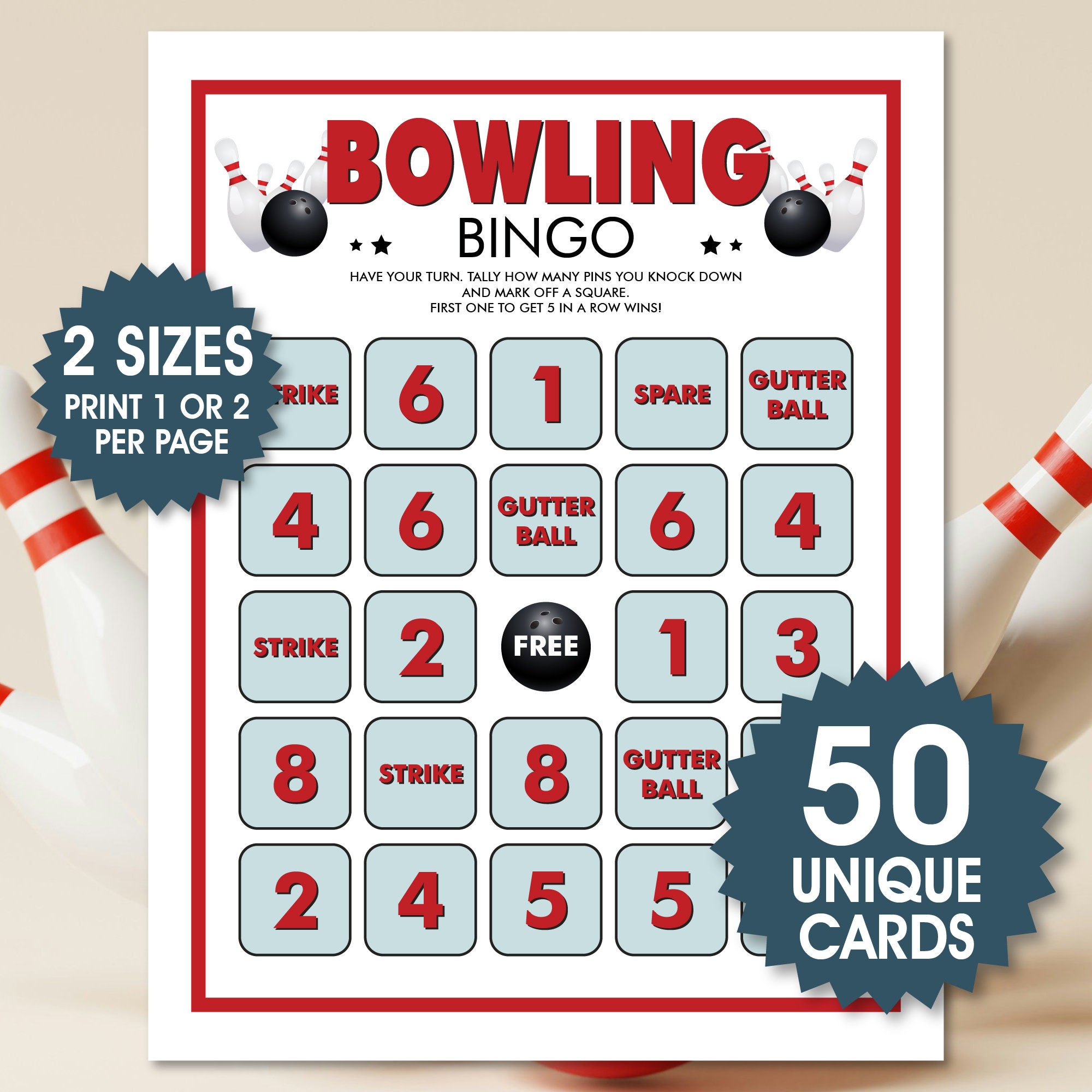 50 Bowling Bingo Cards, Bowling Party Game, Kid's Printable Bowling ...