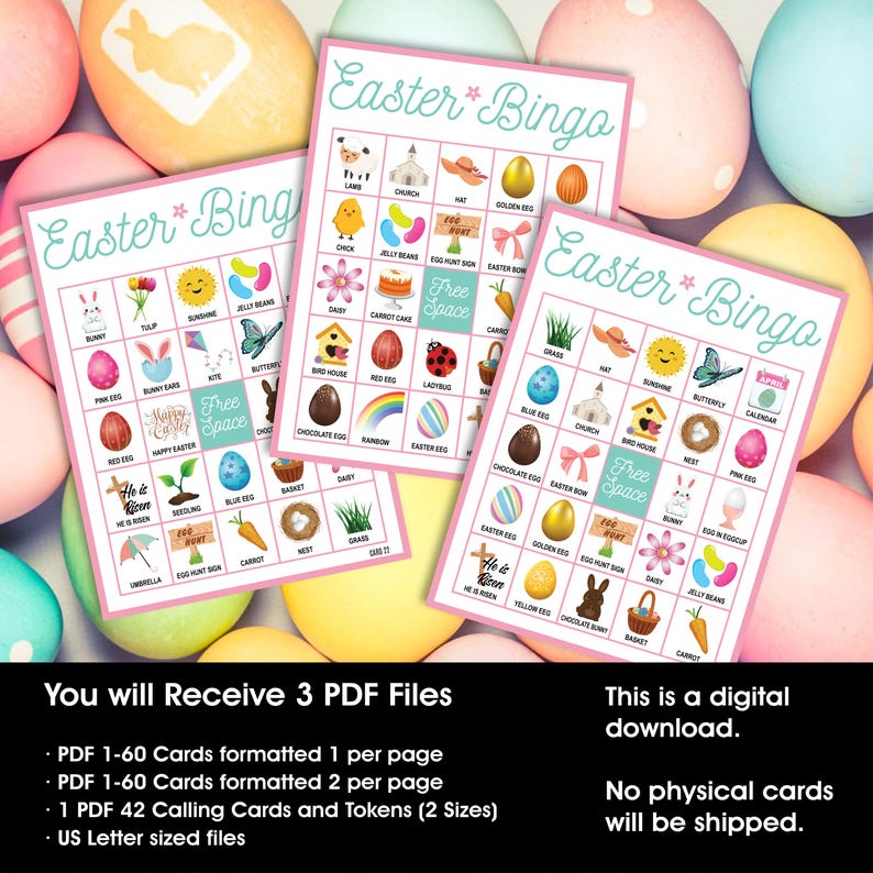 60 Easter Bingo Cards, Easter Party Game, Easter Activity for Kids ...