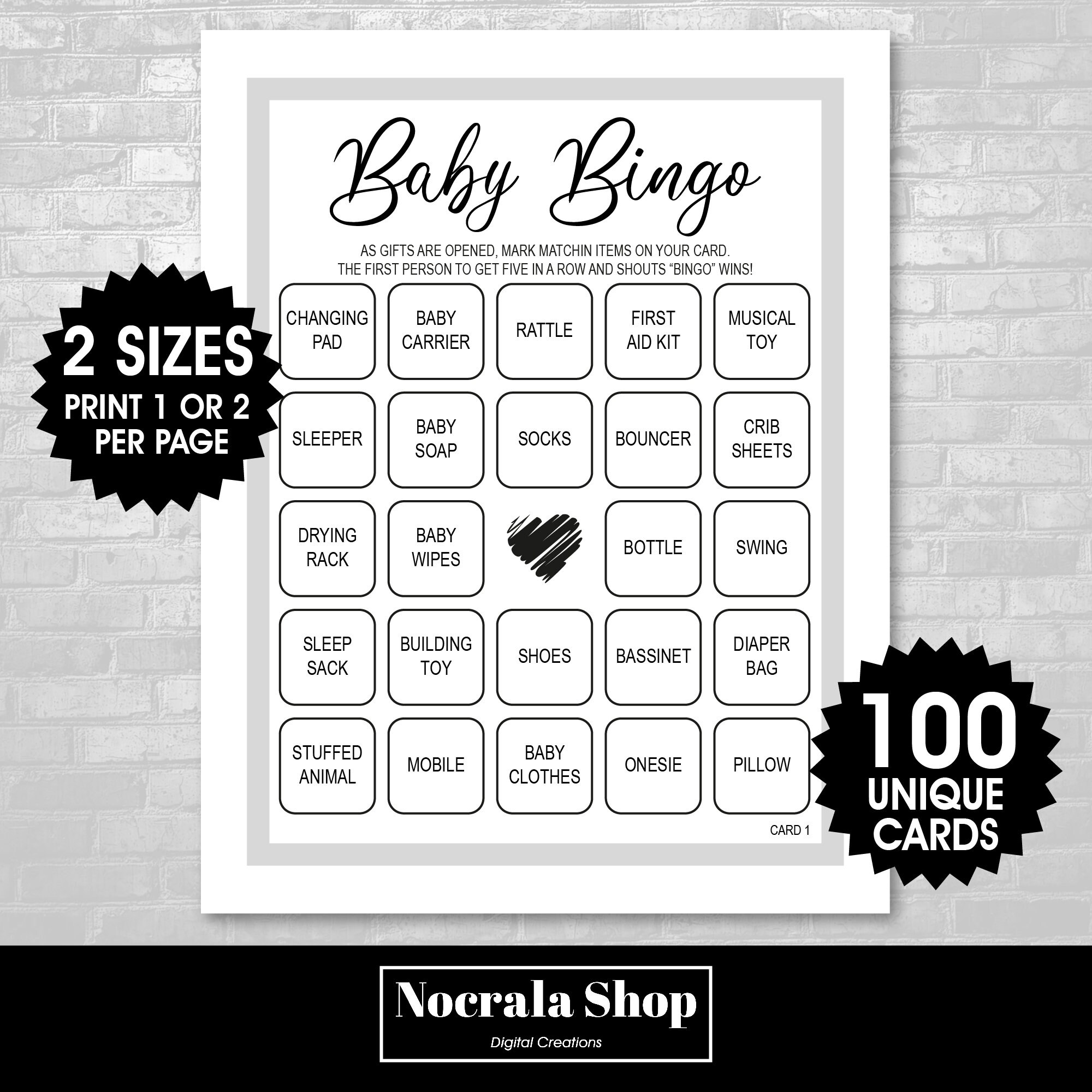 100 Baby Bingo Cards, 1 or 2 per Page, Baby Party Game, Baby Shower ...