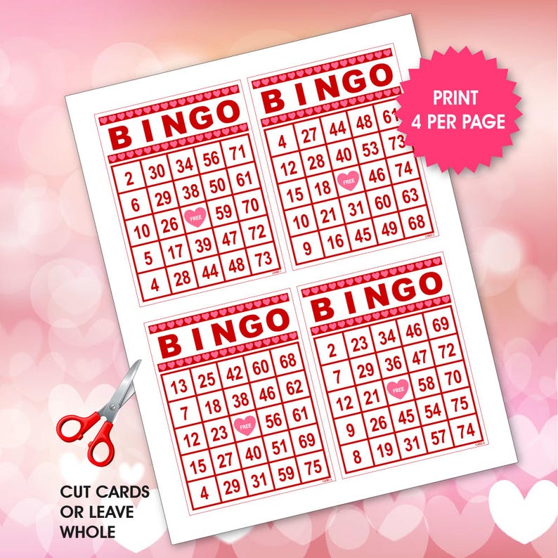 100 Romantic Bingo Cards, 1, 2, or 4 per Page, Party Game, Valentine's ...