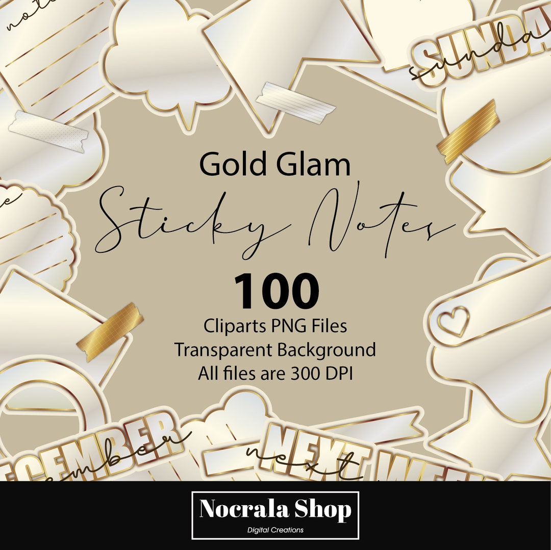 100 Gold Glam Sticky Notes Clipart With Lines, Circle, Squares, Flags ...