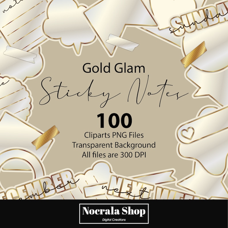 100 Gold Glam Sticky Notes Clipart With Lines, Circle, Squares, Flags ...