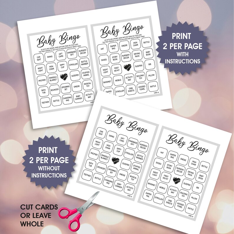 100 Baby Bingo Cards, 1 or 2 per Page, Baby Party Game, Baby Shower ...