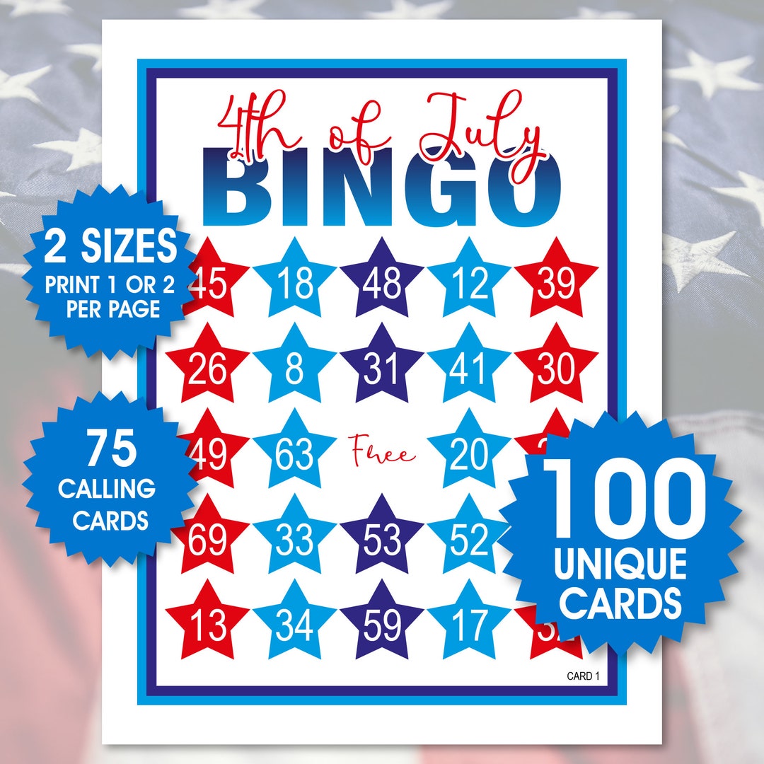 100 4th of July Bingo Cards, 1 or 2 per Page, Fun Party Game, July 4th ...