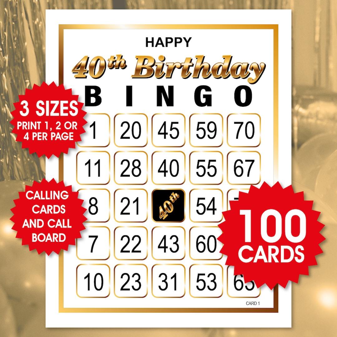 100 Happy 40th Birthday Bingo Cards, 1, 2 or 4 per Page, Fun Party Game ...